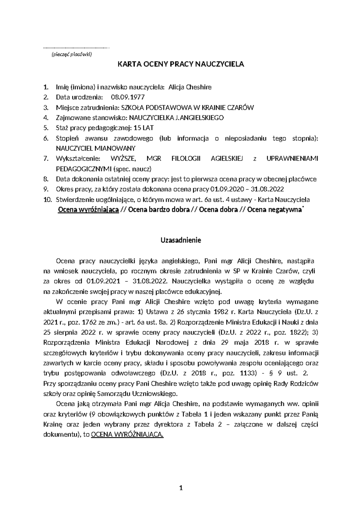Karta Oceny Pracy Nauczyciela Języka Angielskiego - Pani mgr Alicja Cheshire - Studocu