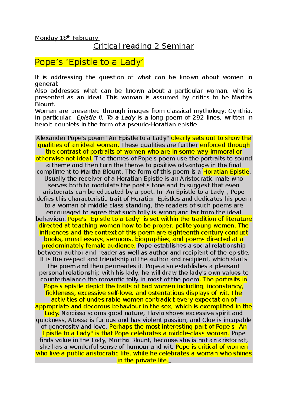 Critical Reading 2 Seminar: Analyzing Pope's 'Epistle to a Lady' - Studocu