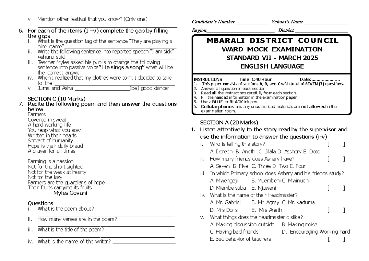 English Language Mock Exam - Mbarali District Council - Standard VII ...