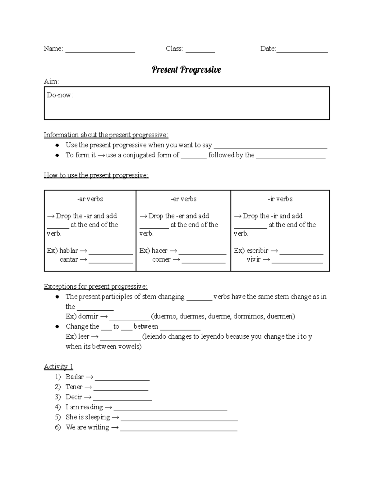 Present Progressive Worksheet for Spanish Class - Studocu