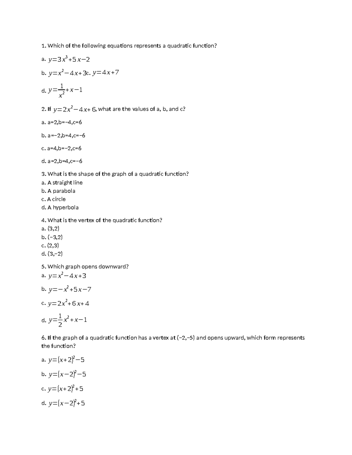 Math 101 - Quadratic Functions Practice Problems - Studocu