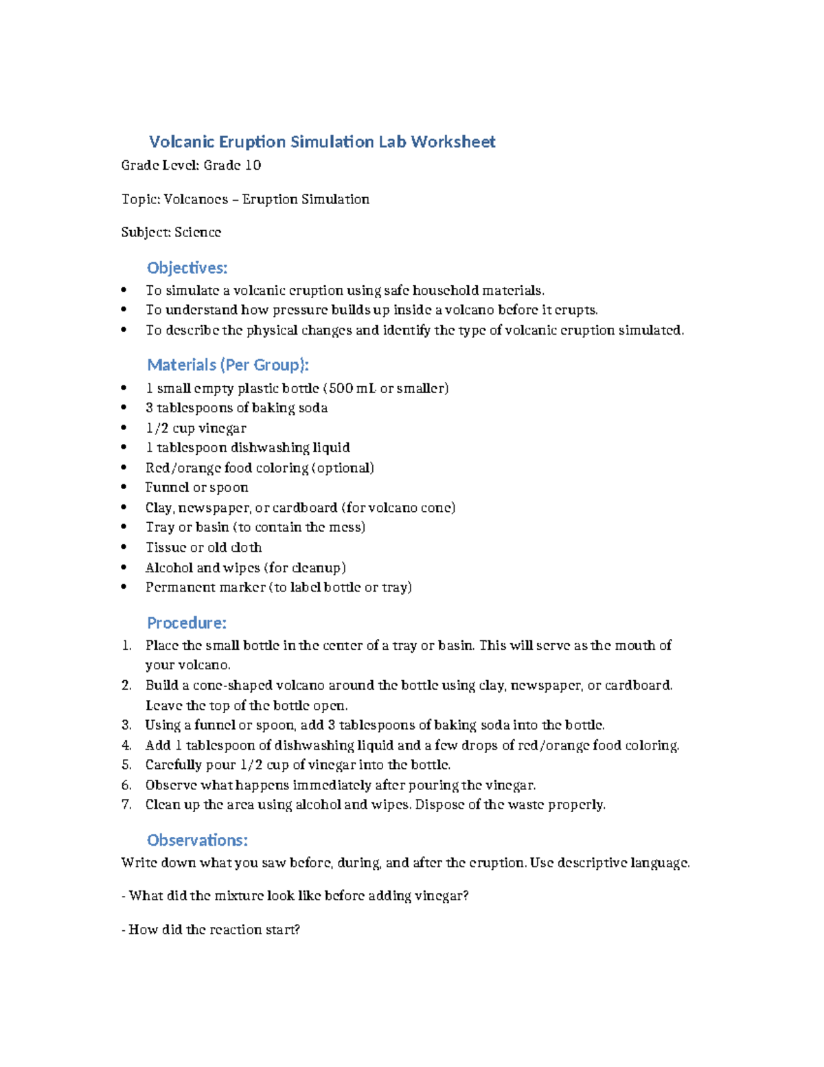 Grade 10 Science: Volcanic Eruption Simulation Lab Worksheet - Studocu