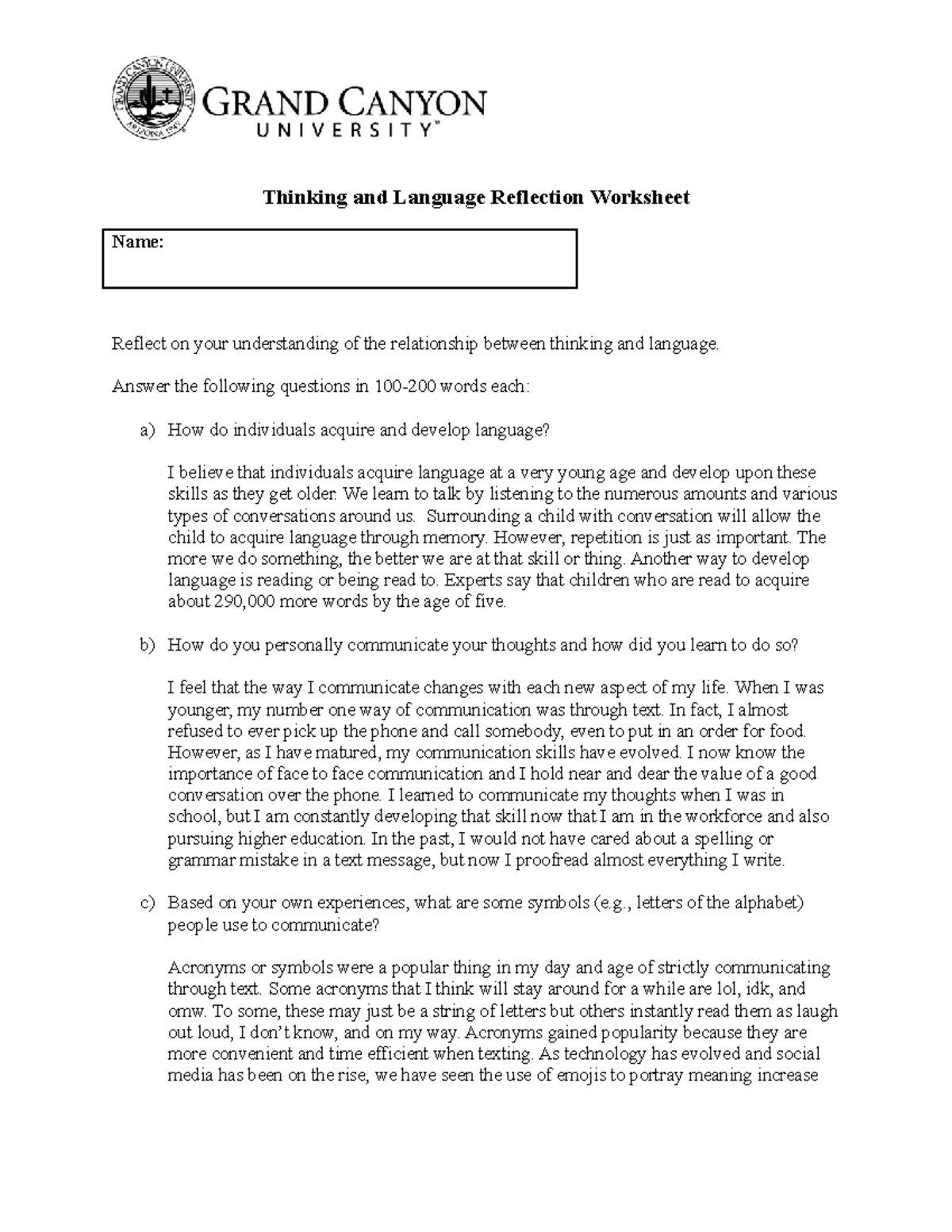 PHI105 - Topic 5 Thinking and Language Reflection Worksheet - Studocu