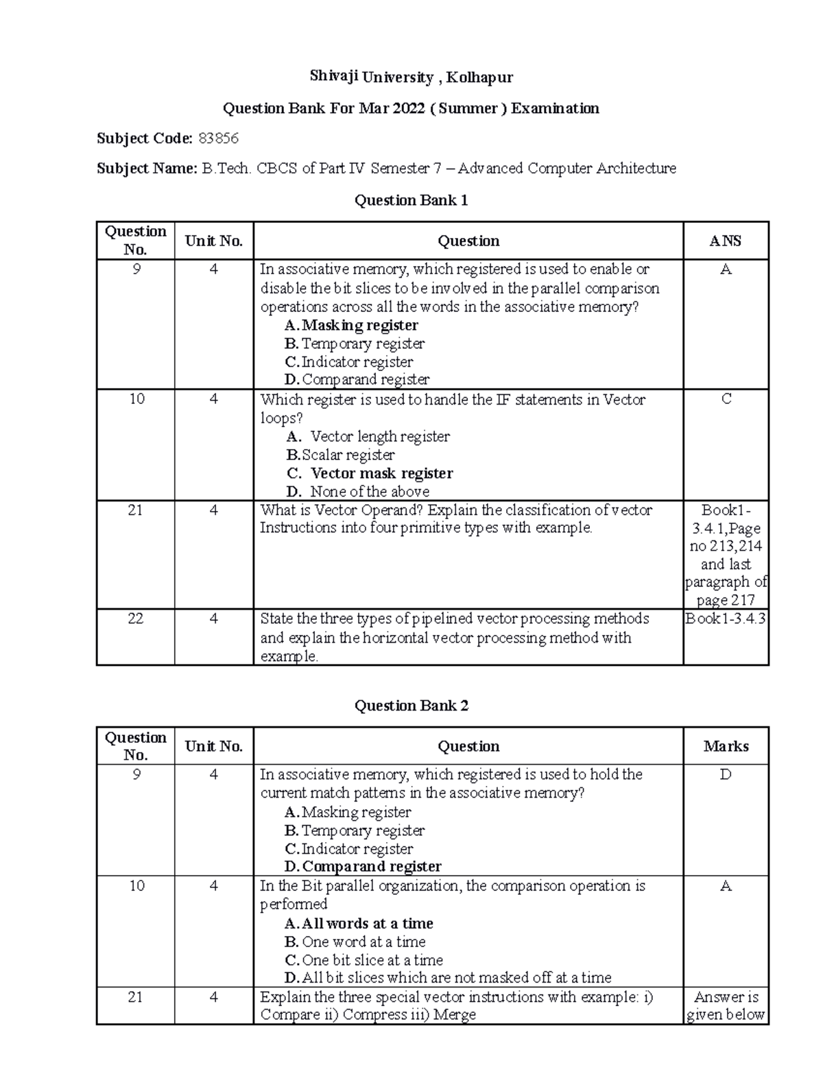 B.Tech. CBCS 83856 - Advanced Computer Architecture Question Bank - Studocu