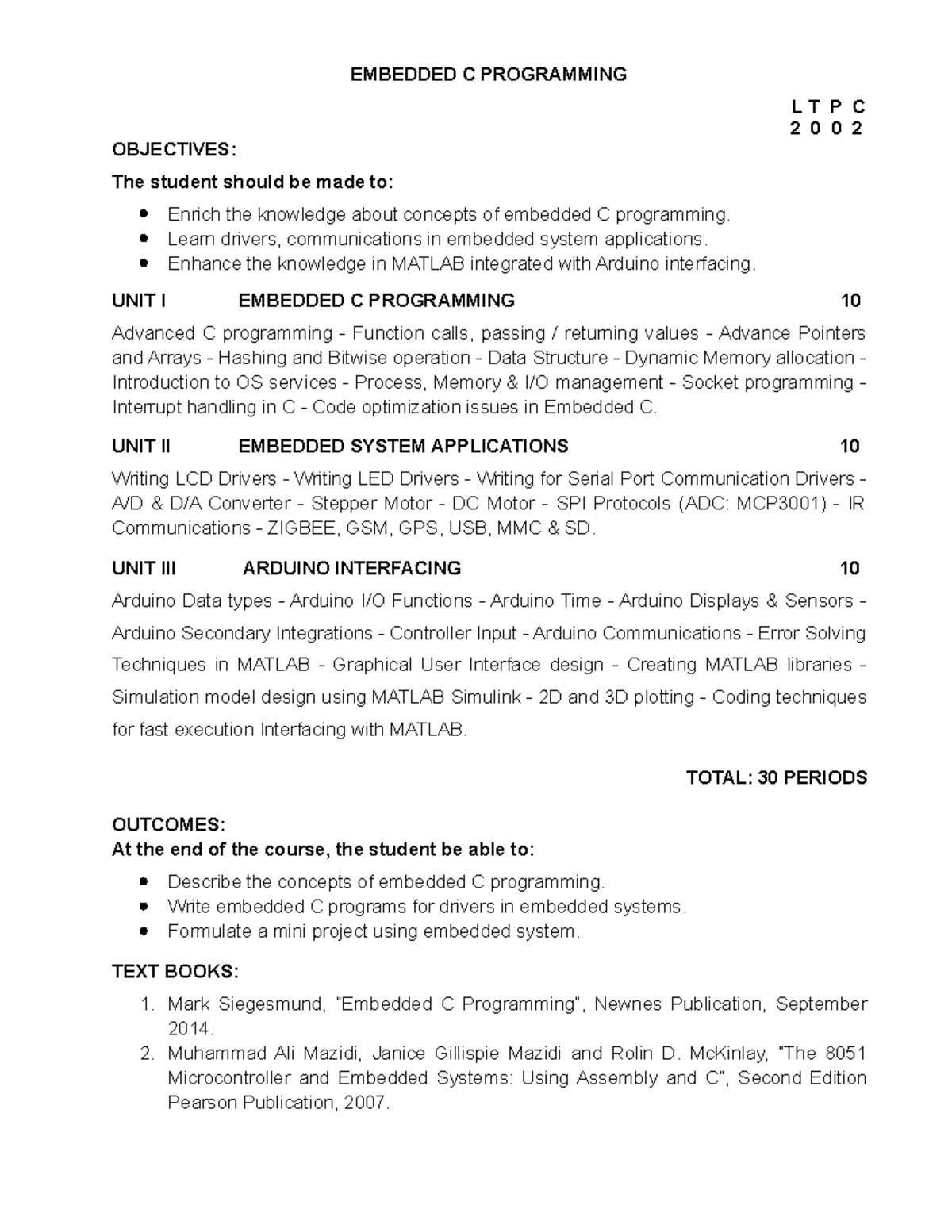 Embedded C Programming Syllabus - Course Code: ECP 2 CREDITS - Studocu