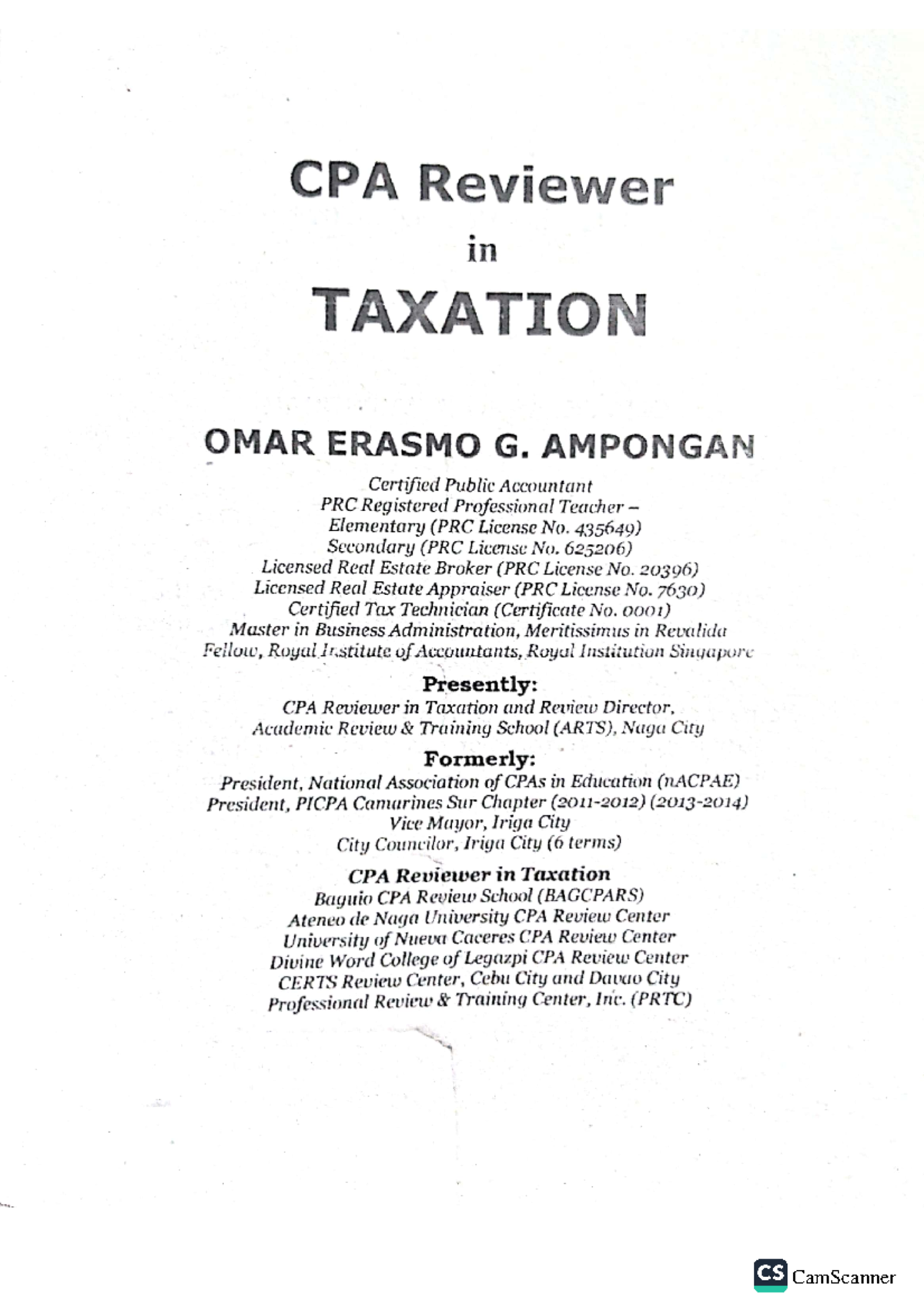 CPA Reviewer Notes for Taxation (TAX 101) by Omar Erasmo G. Ampongan ...