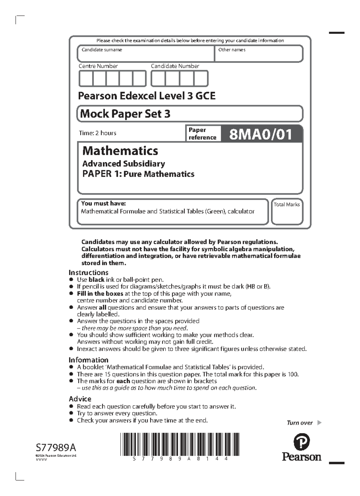 8MA0-01 Pure Mathematics - Mock Exam Paper Set 3 - Studocu