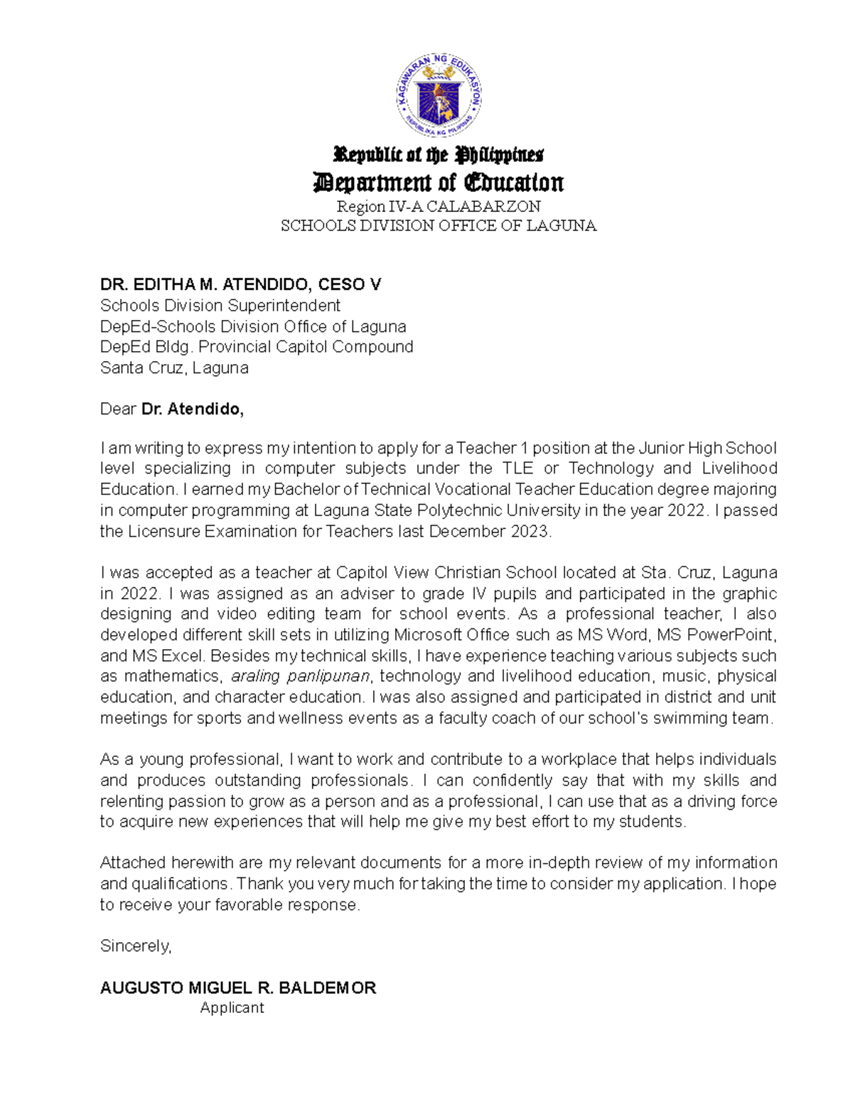 Teacher 1 Position Application Letter - Sample Format - Studocu