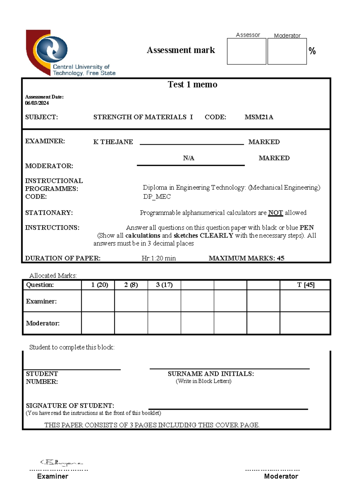 2024 02 MSM21A Strength of Materials Test 1 Memo - Studocu