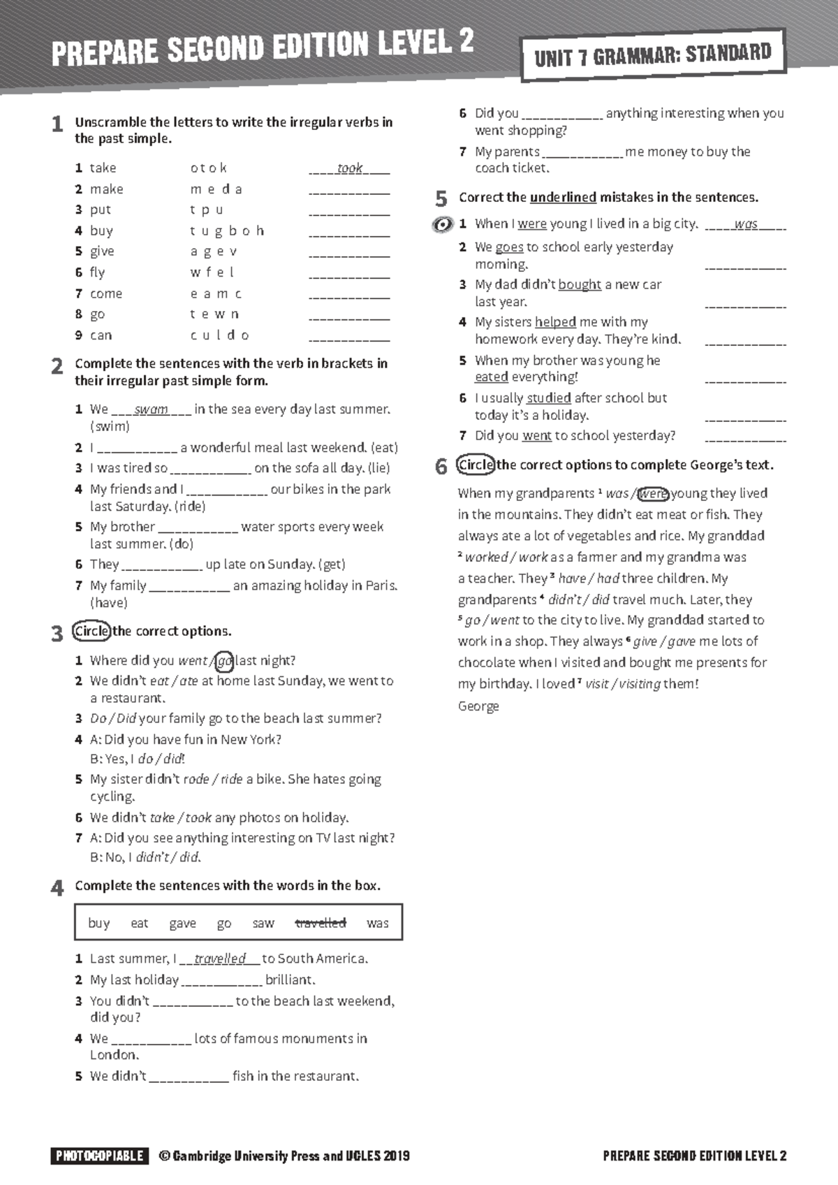 Prepare 2 Grammar Standard Unit 07: Irregular Verbs & Past Simple - Studocu