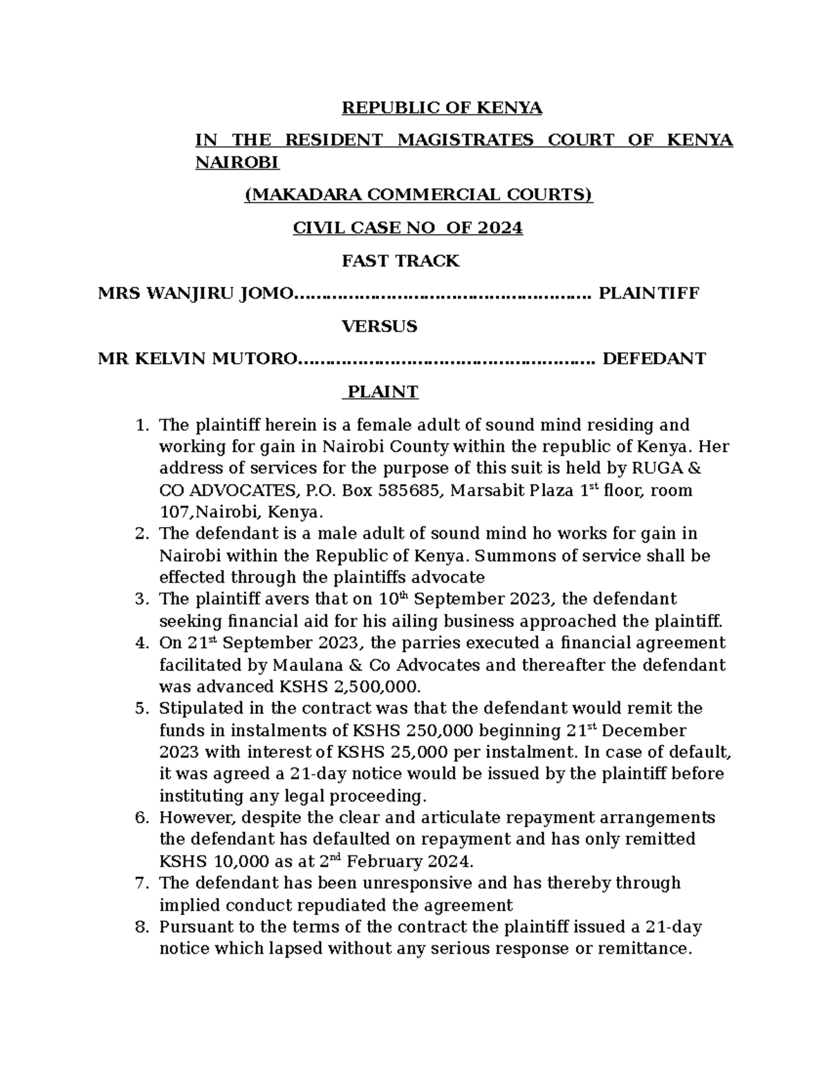 Civil Case No. 2024: Wanjiru vs. Kelvin - Plaintiff's Statement - Studocu