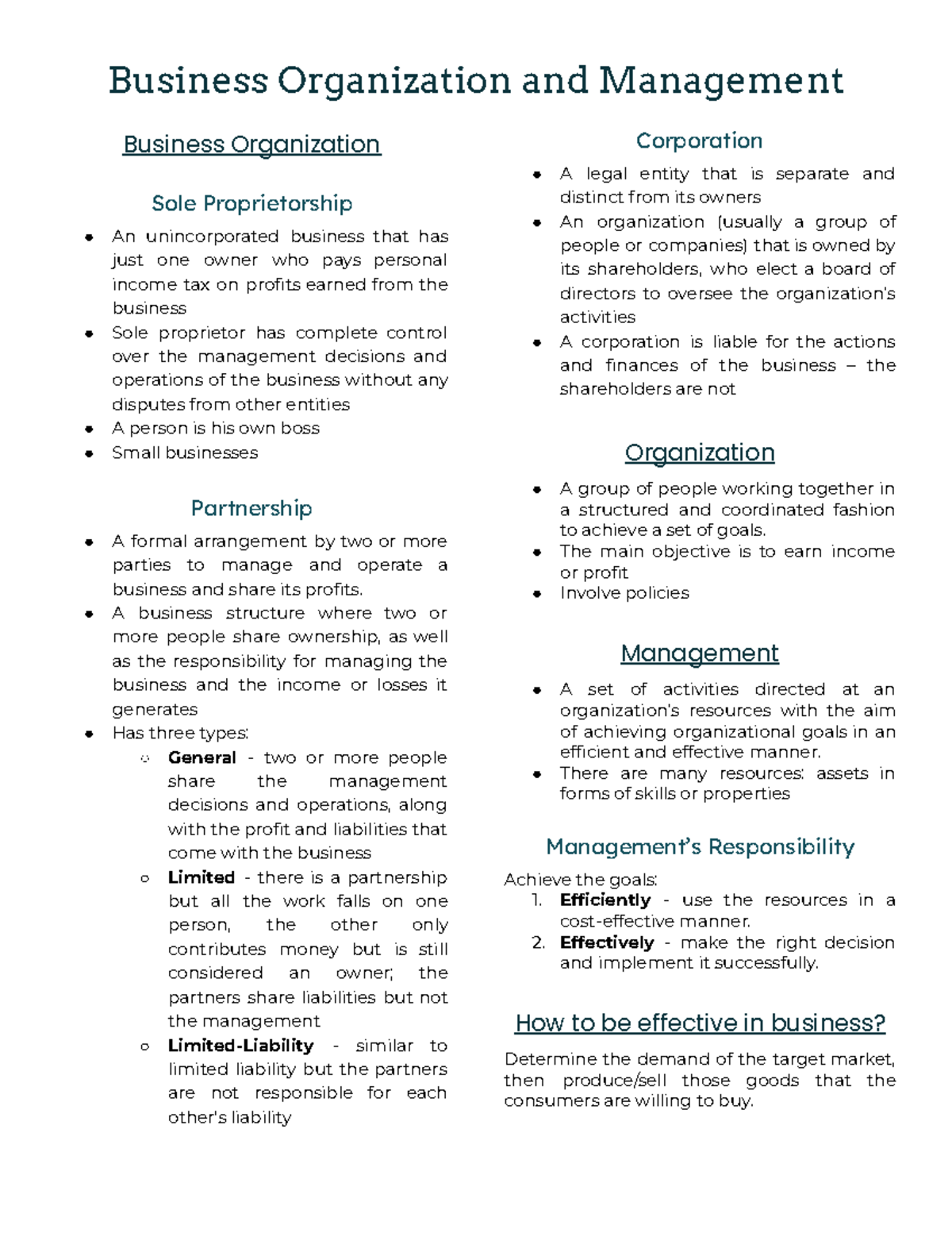 Business Organization Prelims Study Guide and Key Concepts - Studocu