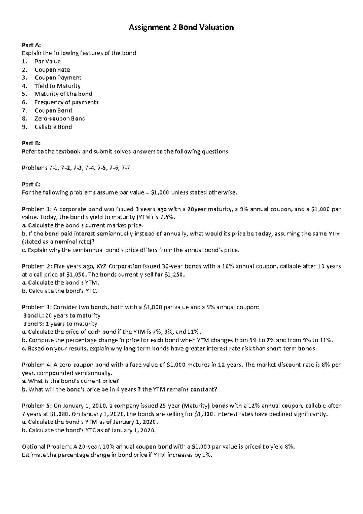 Assignment 2: Bond Valuation Features and Problem Solutions - Studocu