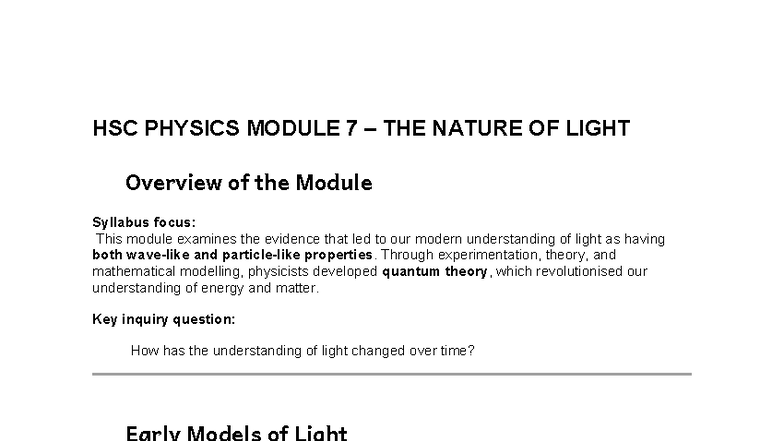 HSC PHYSICS MODULE 7: THE NATURE OF LIGHT Overview and Key Concepts ...
