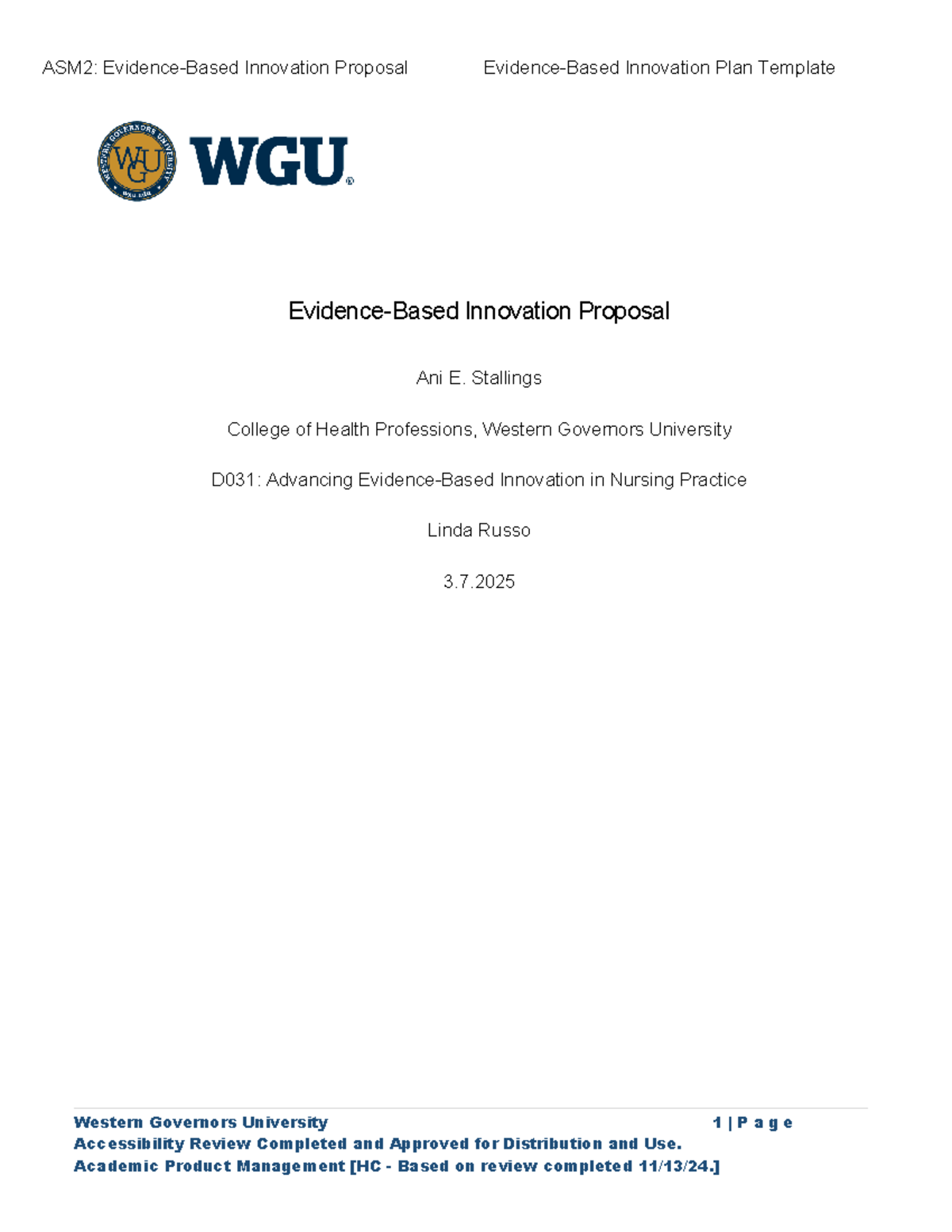 D031: Evidence-Based Innovation Plan for Nursing Practice - Studocu