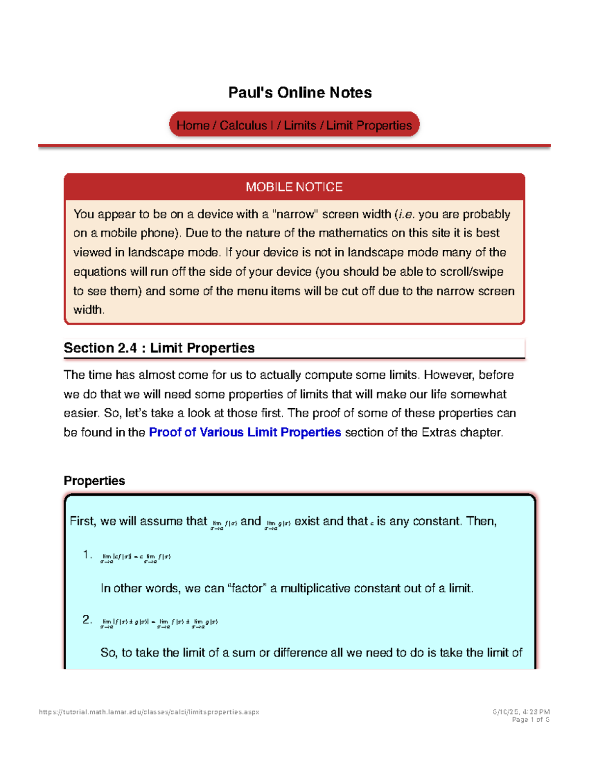 Calculus I: Essential Limit Properties and Their Applications - Studocu