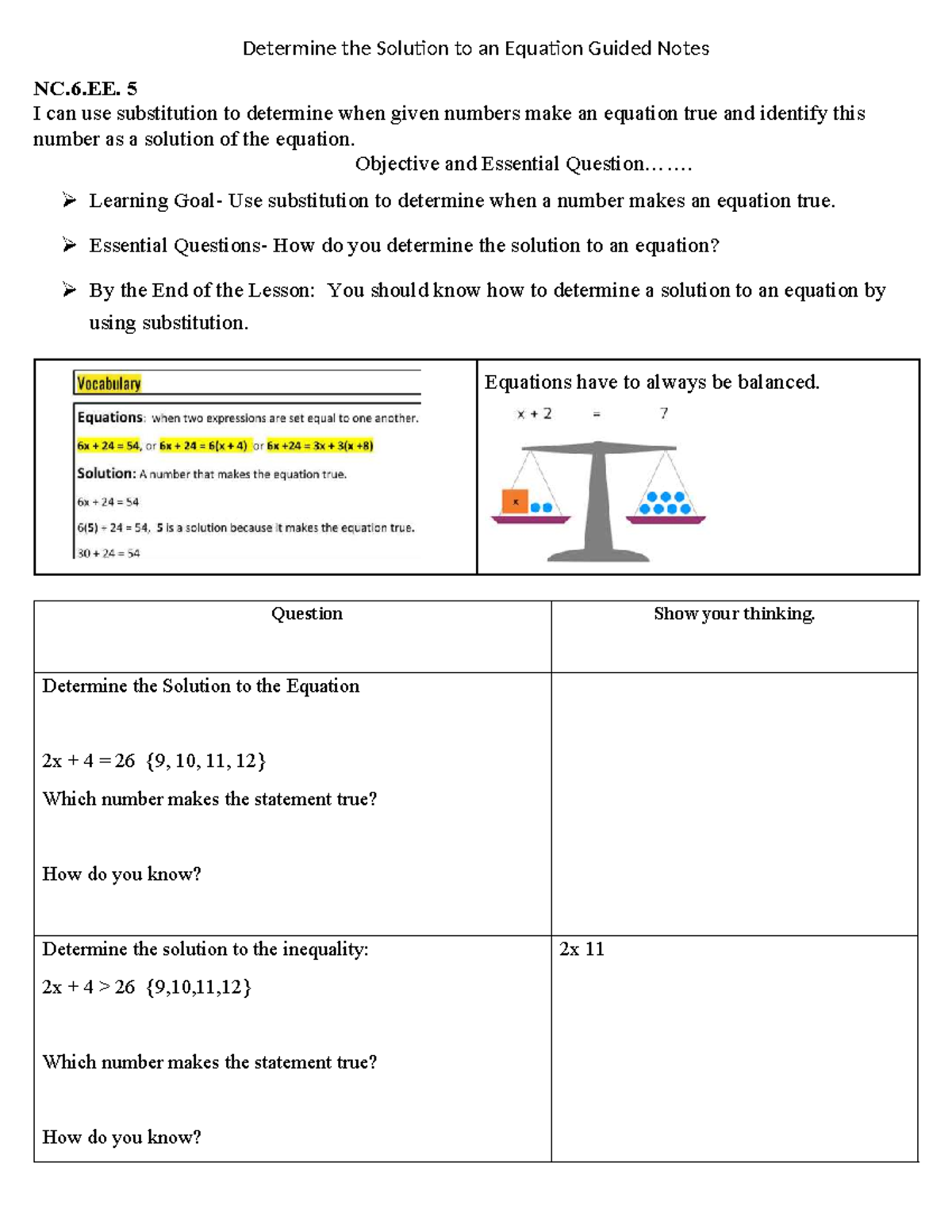 NC.6.EE.5 Guided Notes: Solving Equations with Substitution - Studocu