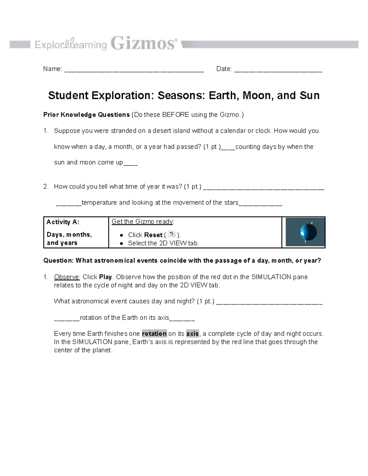 Seasons Gizmo Worksheet: Exploration of Earth, Moon, and Sun - Studocu