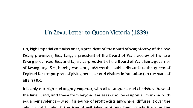 Letter from Lin Zexu to Queen Victoria on Opium Trade Regulations (1839 ...