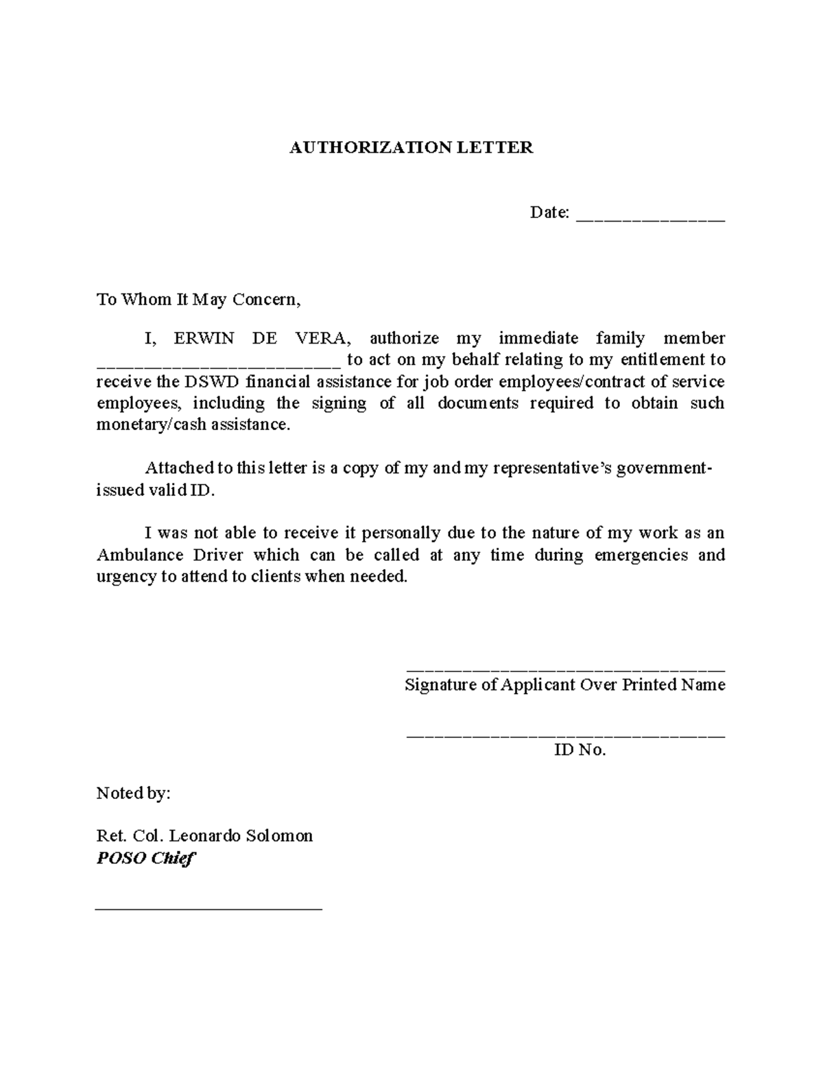 DSWD Authorization Letter for Financial Assistance - Studocu