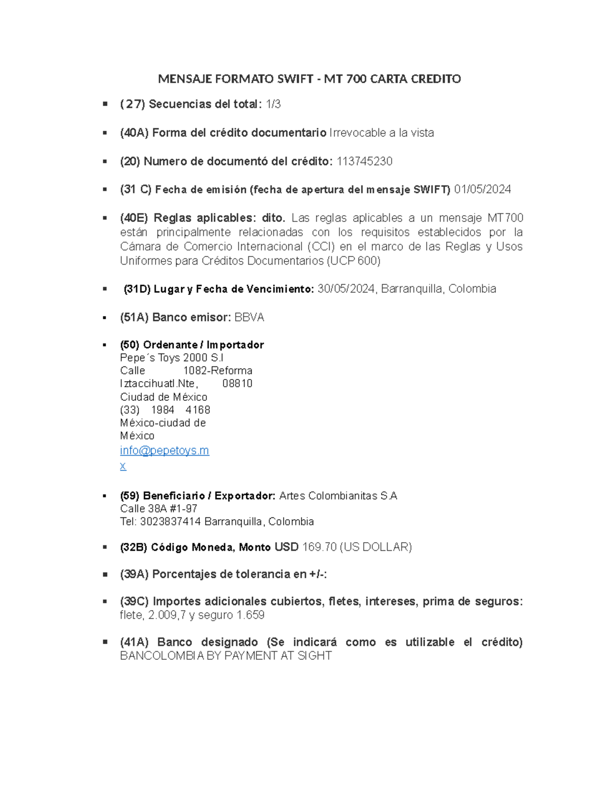 Formato de Mensaje SWIFT MT 700 para Carta de Crédito - Studocu