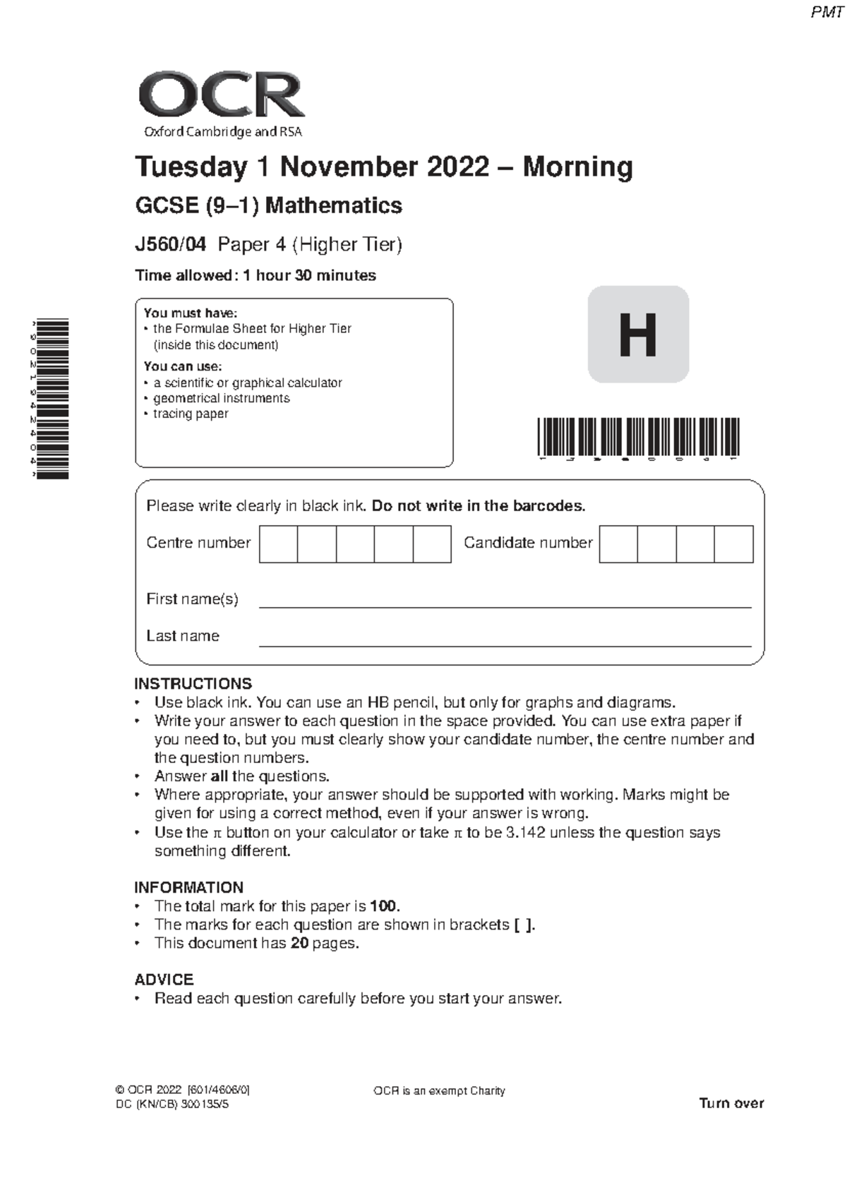 GCSE Mathematics Paper 4 (Higher Tier) - PMT 9 0 2 1 9 4 2 4 0 4 - Studocu