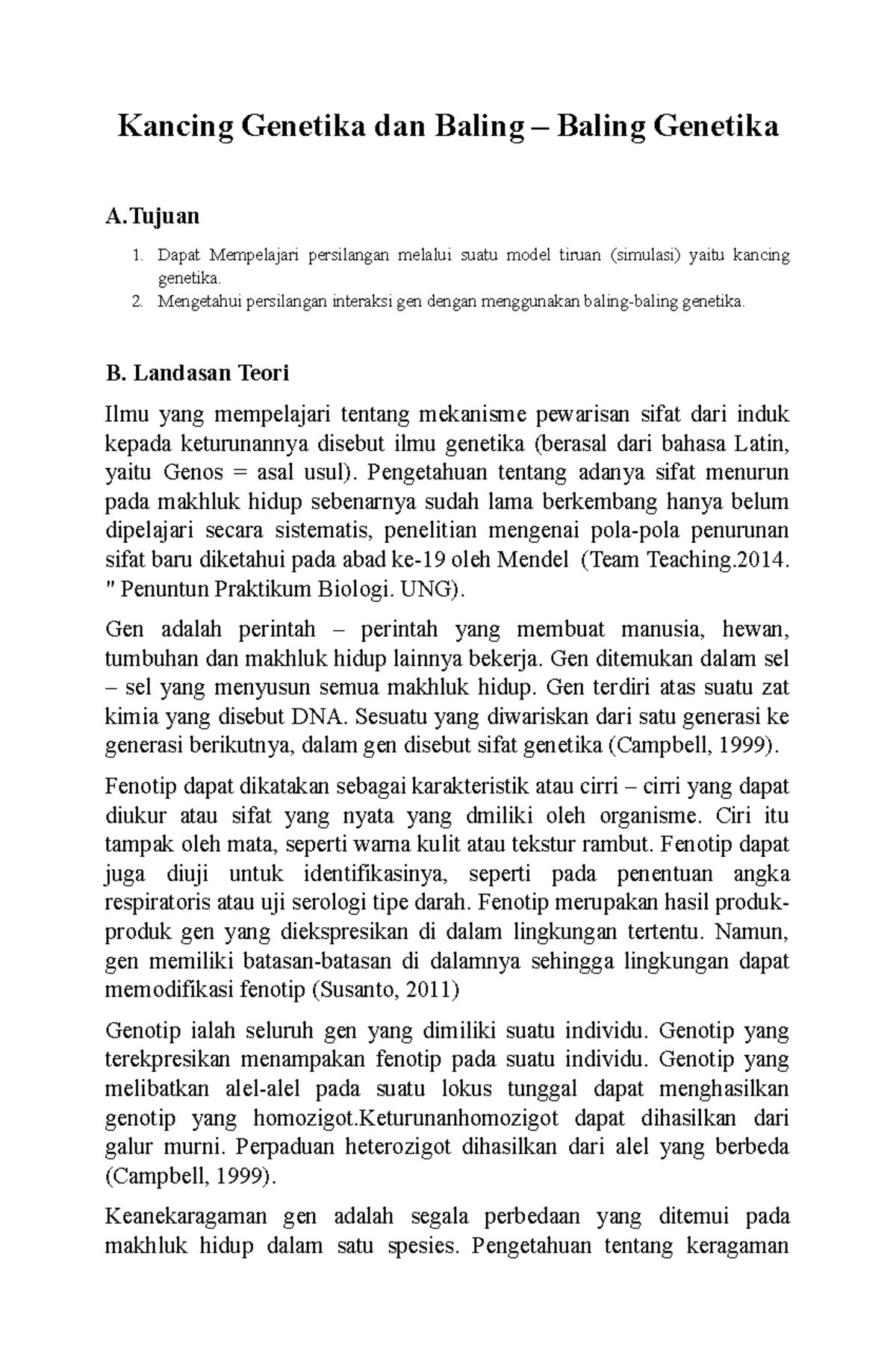 Laporan Praktikum Genetika: Kancing & Baling Genetika (Biologi) - Studocu