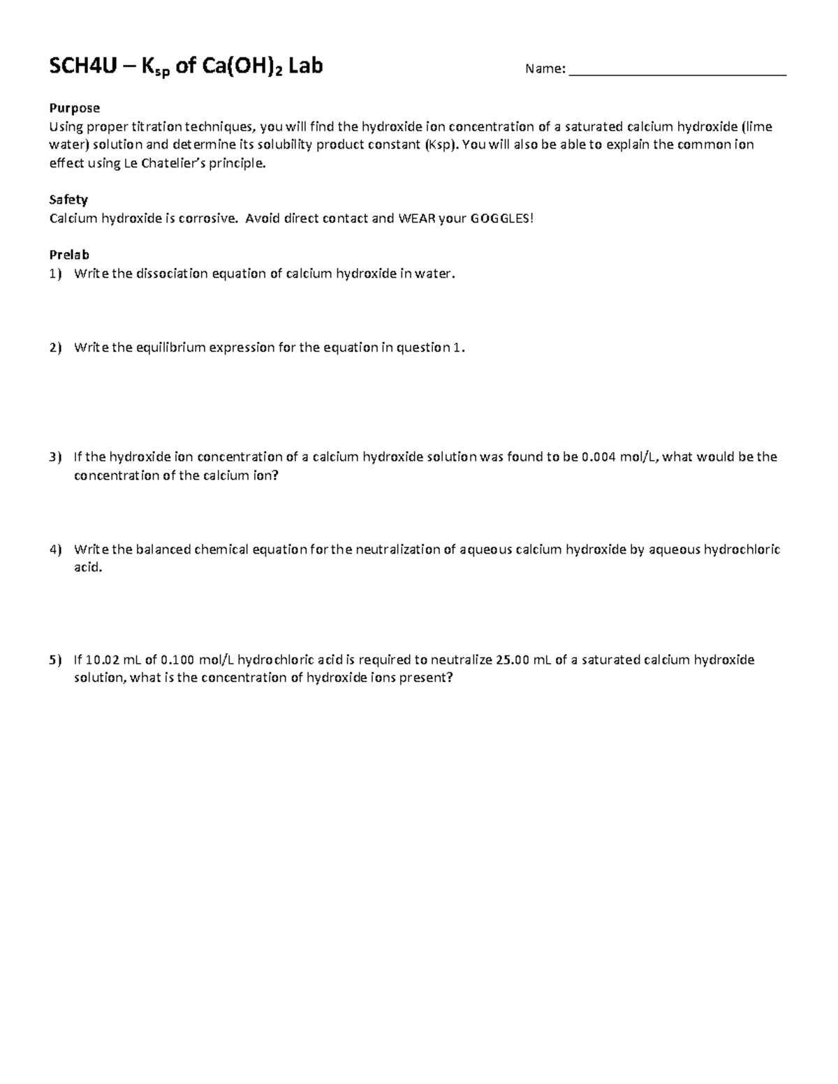 SCH4U - Lab on Ksp Determination of Calcium Hydroxide (Ca(OH)2) - Studocu