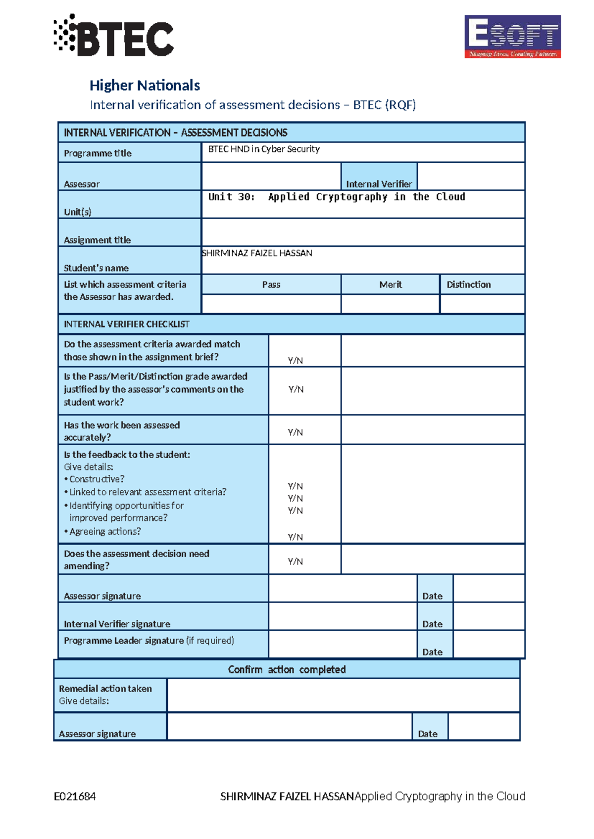BTEC HND Cyber Security Unit 30: Internal Verification of Assessment Decisions - Studocu