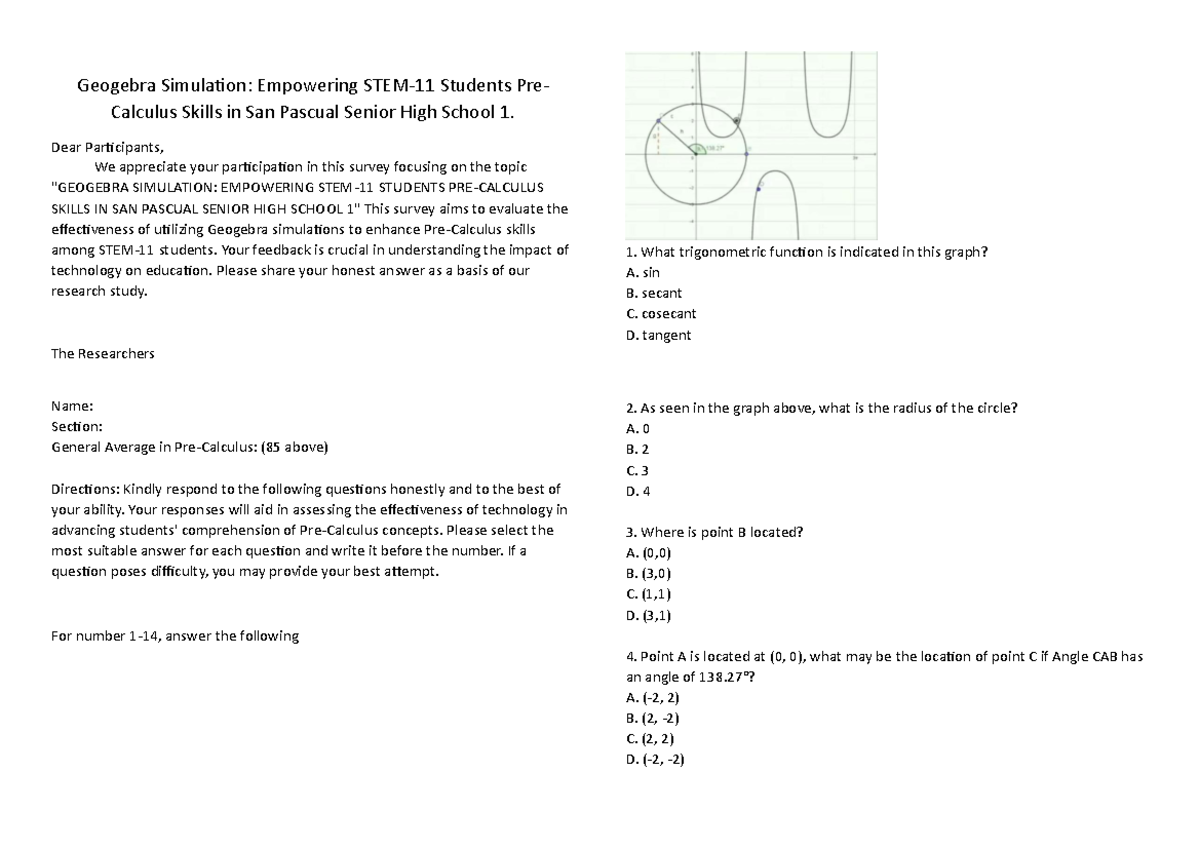 Questionnaire - reviewer - Geogebra Simulation: Empowering STEM-11 Students Pre- Calculus Skills ...
