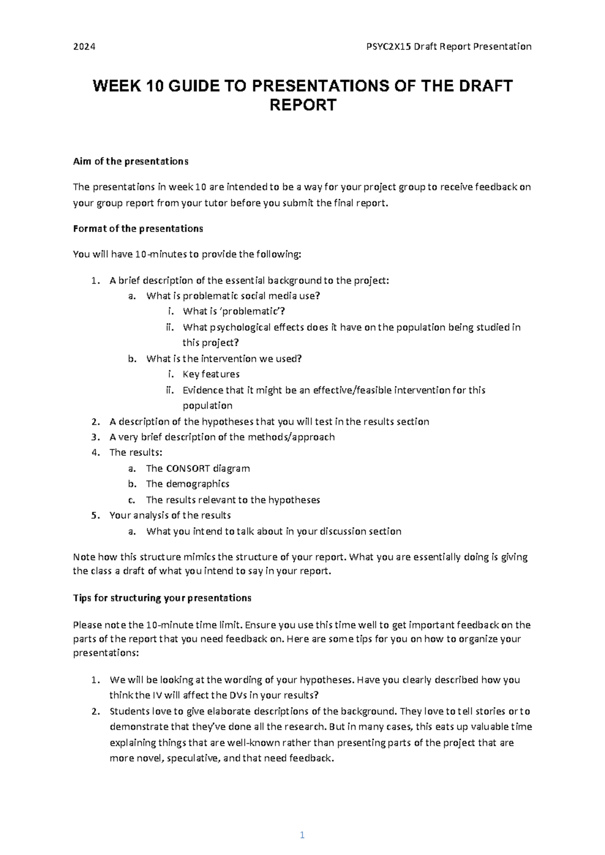 2024 PSYC2X15 Week 10 Presentation Structure and Feedback Guide - Studocu