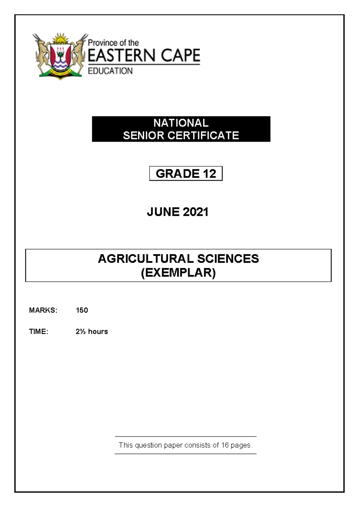 Agricultural Sciences GR12 June 2021 Exemplar Question Paper - Studocu