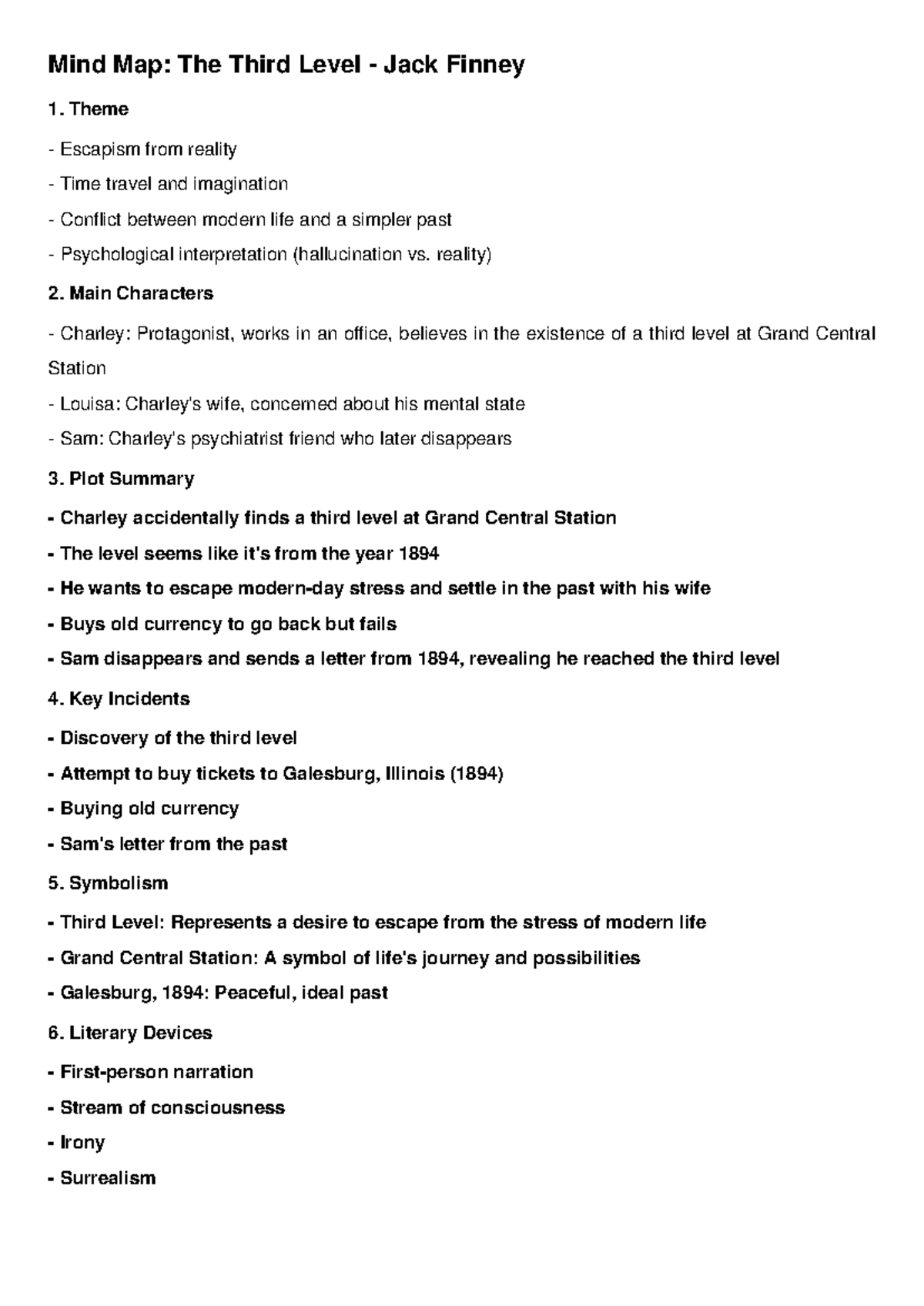 ENG 101: Mind Map of "The Third Level" by Jack Finney - Studocu