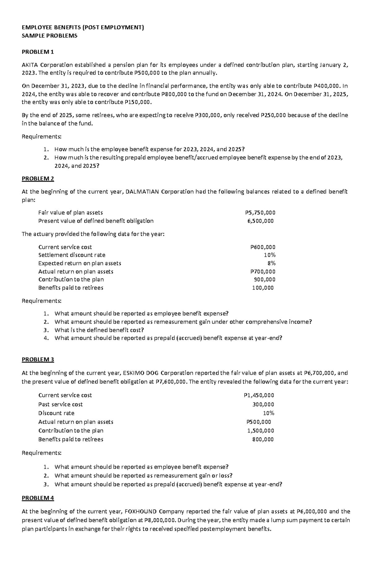 EMPLOYEE BENEFITS (POST EMPLOYMENT) SAMPLE PROBLEMS - ACTIVITY 1 - Studocu