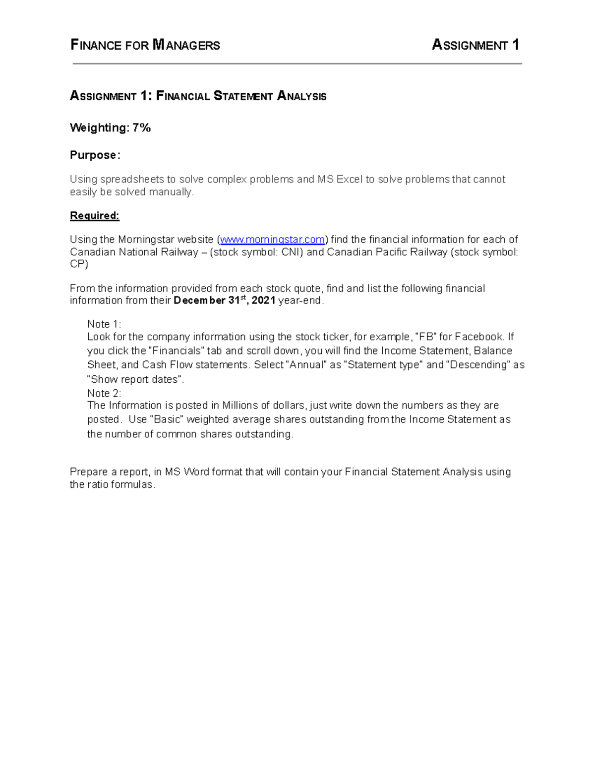 Assignment 1 - Financial Statement Analysis for CNI and CP - Studocu