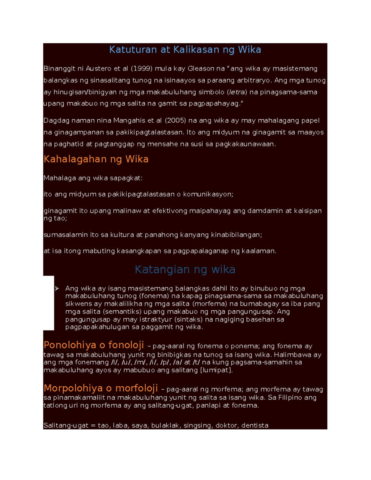 Katuturan at Kalikasan ng Wika - Katuturan at Kalikasan ng Wika Binanggit ni Austero et al (1999 ...