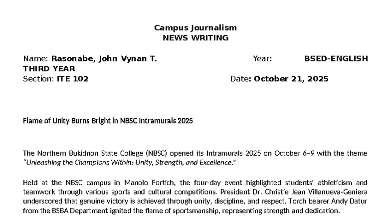 ITE 102: Campus Journalism - News Writing on NBSC Intramurals 2025 ...