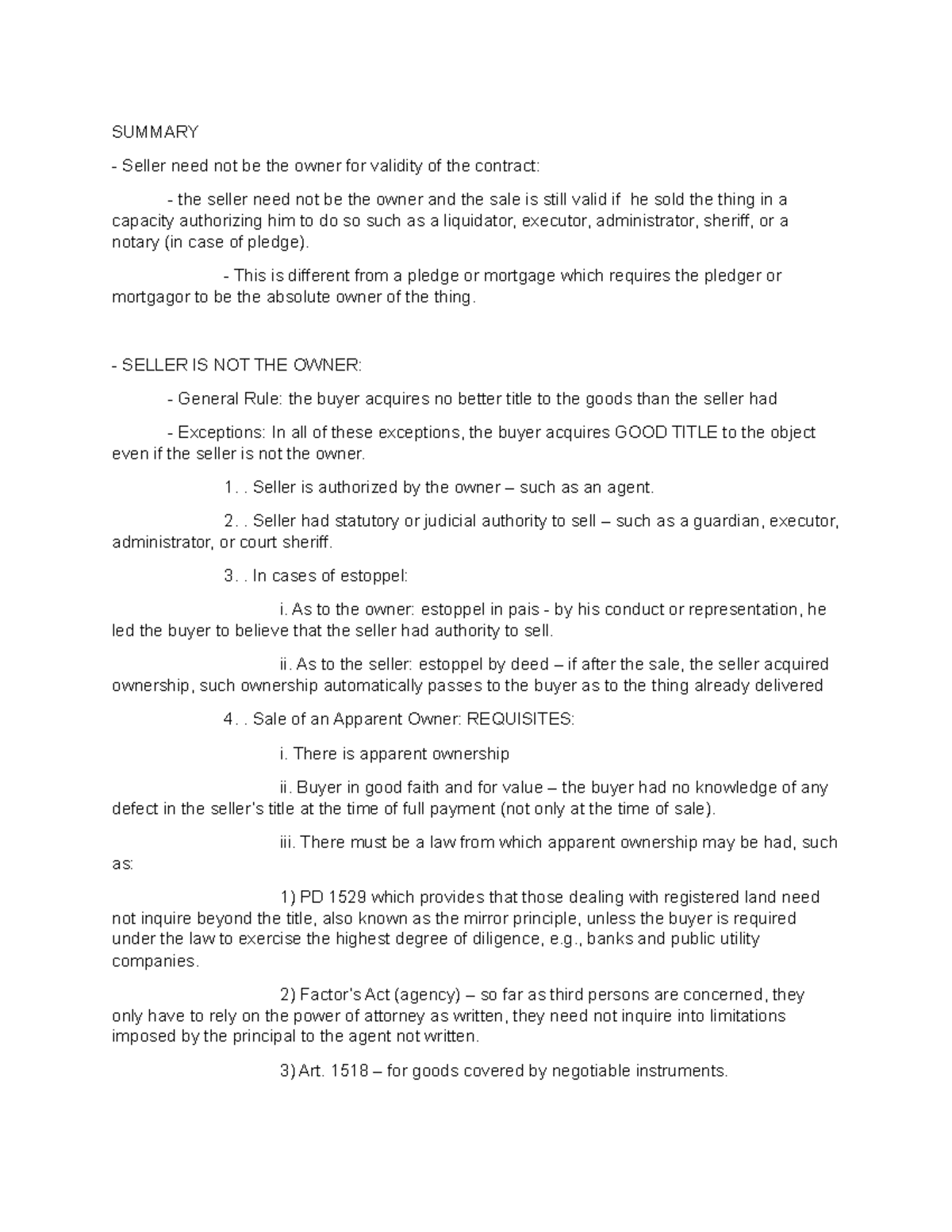 Obligation 1: Transfer of Ownership of Sold Determinate Thing and ...
