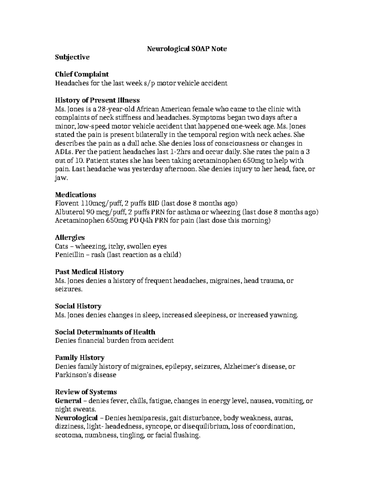 Neurological SOAP Note for Patient Post-MVA: Ms. Jones - Studocu
