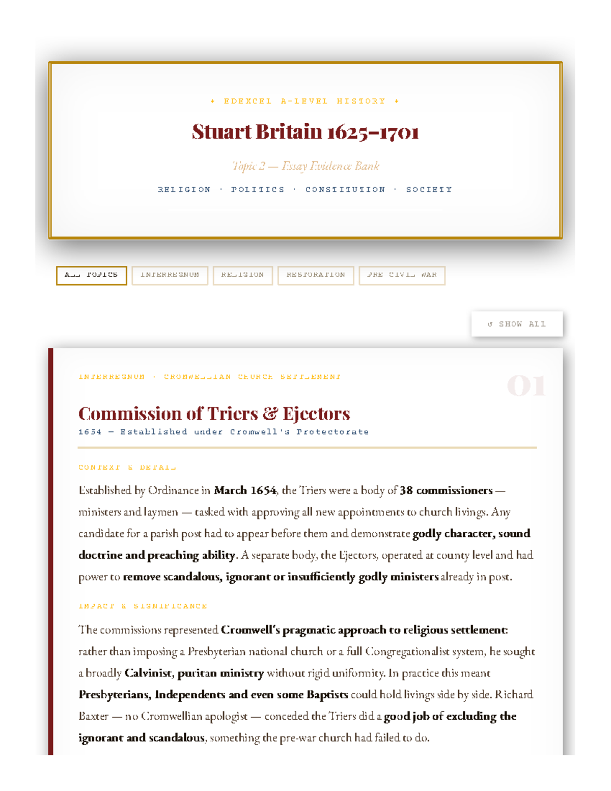 EDEXCEL HISTORY Stuart Britain T2 Essay Evidence on Religion and ...