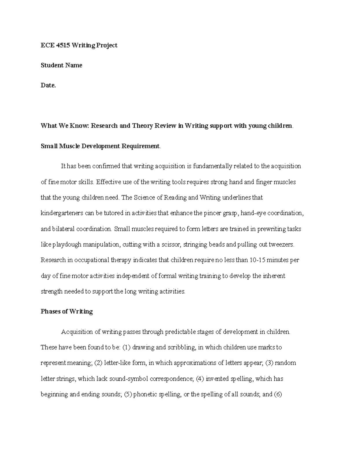 ECE 4515 Writing Project: Fine Motor Skills & Writing Development - Studocu