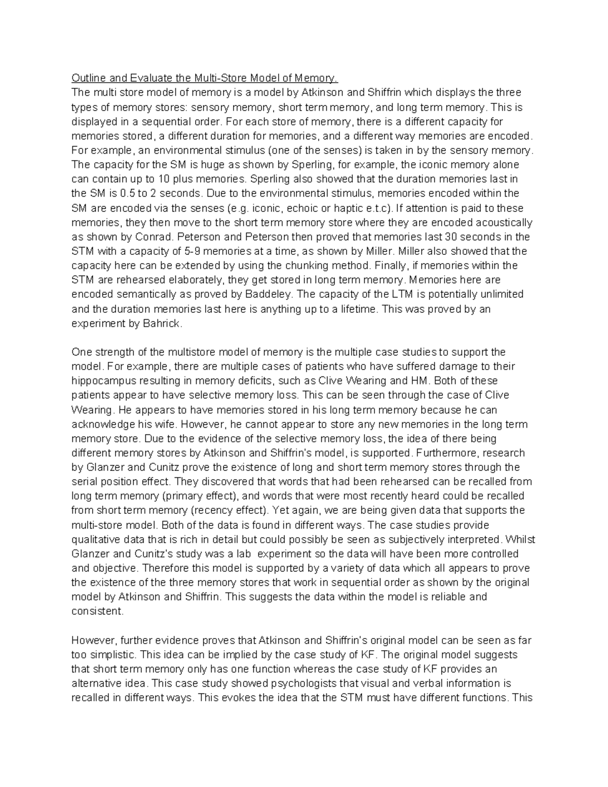 Multi-Store Model of Memory: Outline & Evaluation (Psych 101) - Studocu