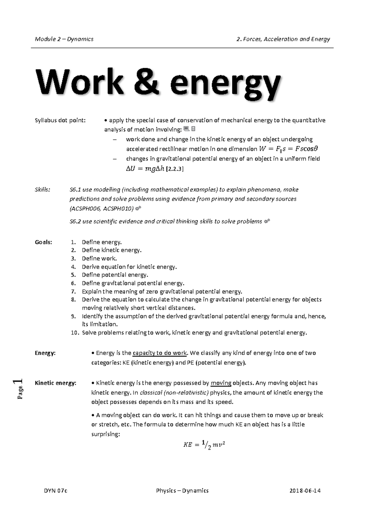 DYN 07c Physics Dynamics: Work, Energy, and Mechanical Energy ...