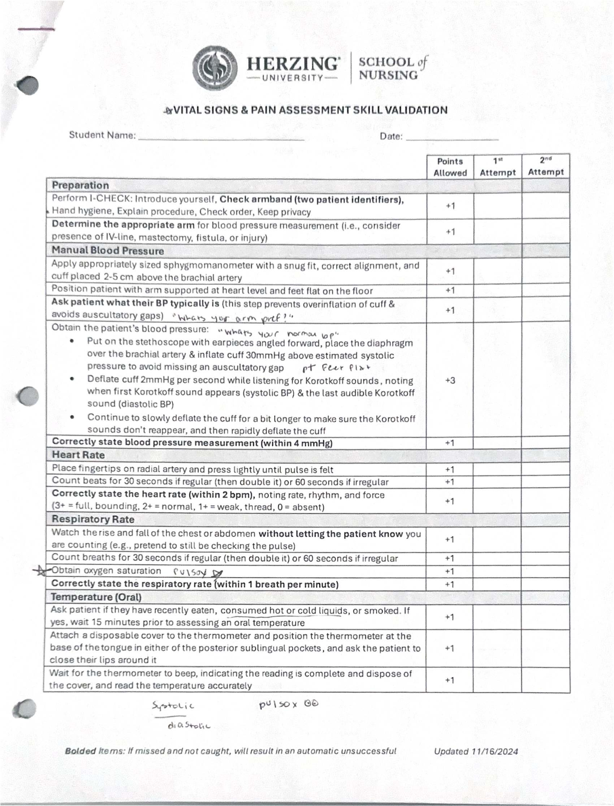 HERZING SCHOOL of NURSING VITAL SIGNS & PAIN ASSESSMENT SKILL ...