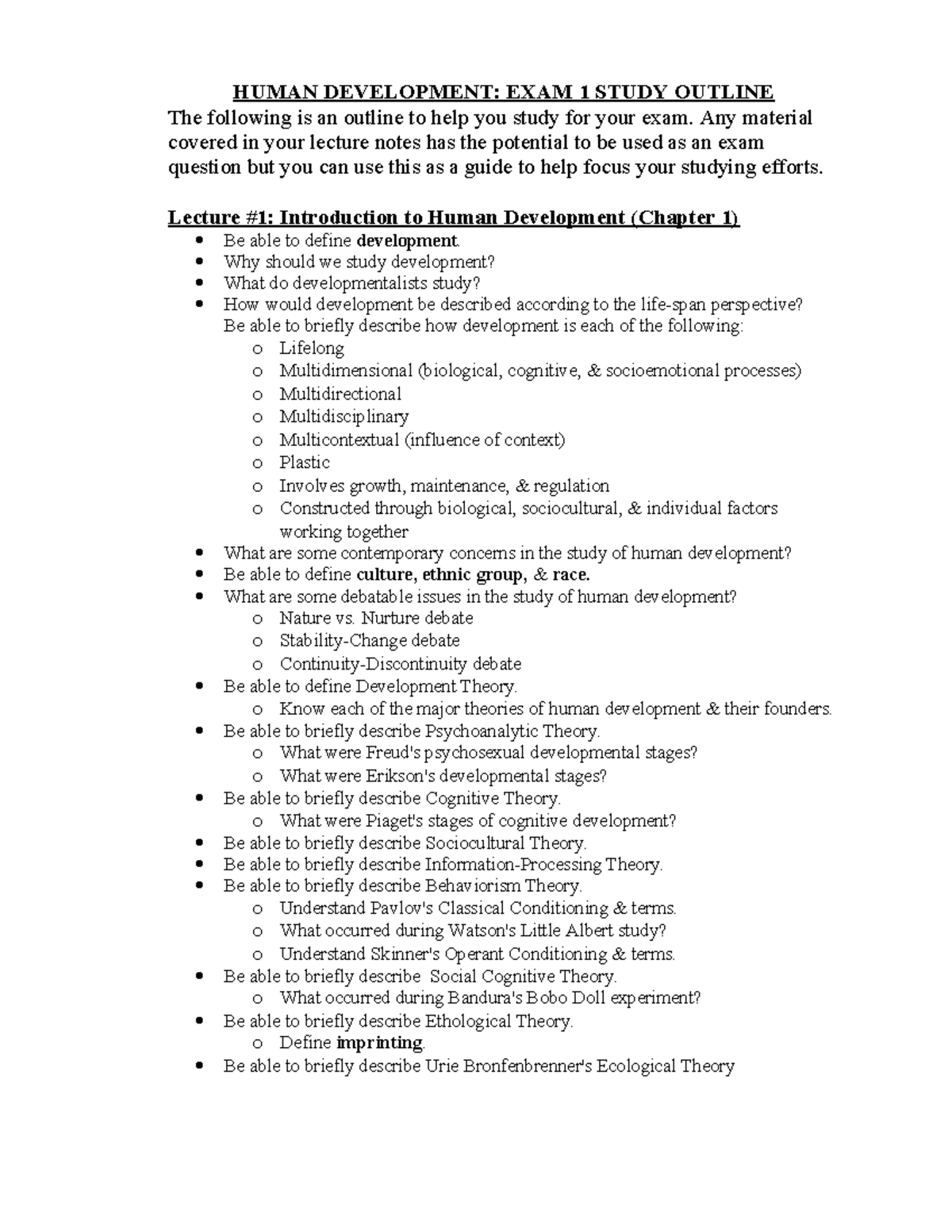 Human Development: Exam 1 Study Guide (Course Code: [Insert Code]) - Studocu