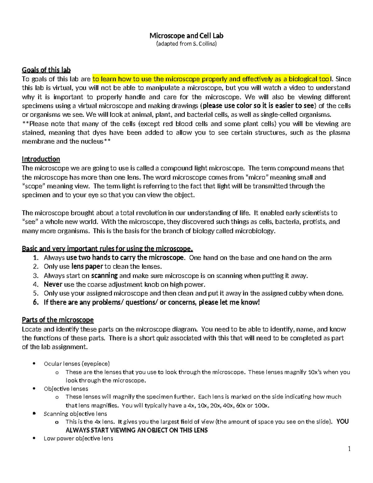 BIOL 101: Lab 4 Microscope and Cell Assignment Overview - Studocu