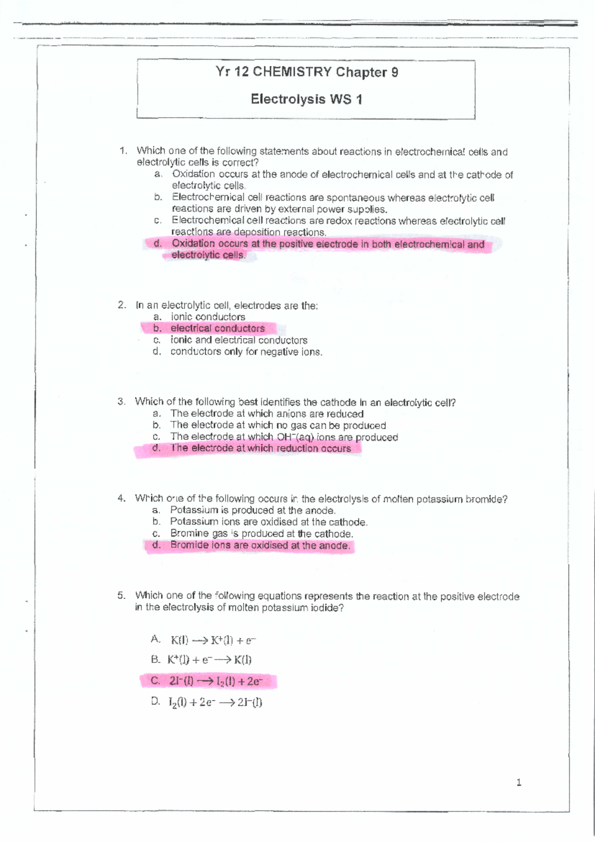 U3AOS2 - Electrolysis question booklet (solutions) - Yr 12 CHEMISTRY ...