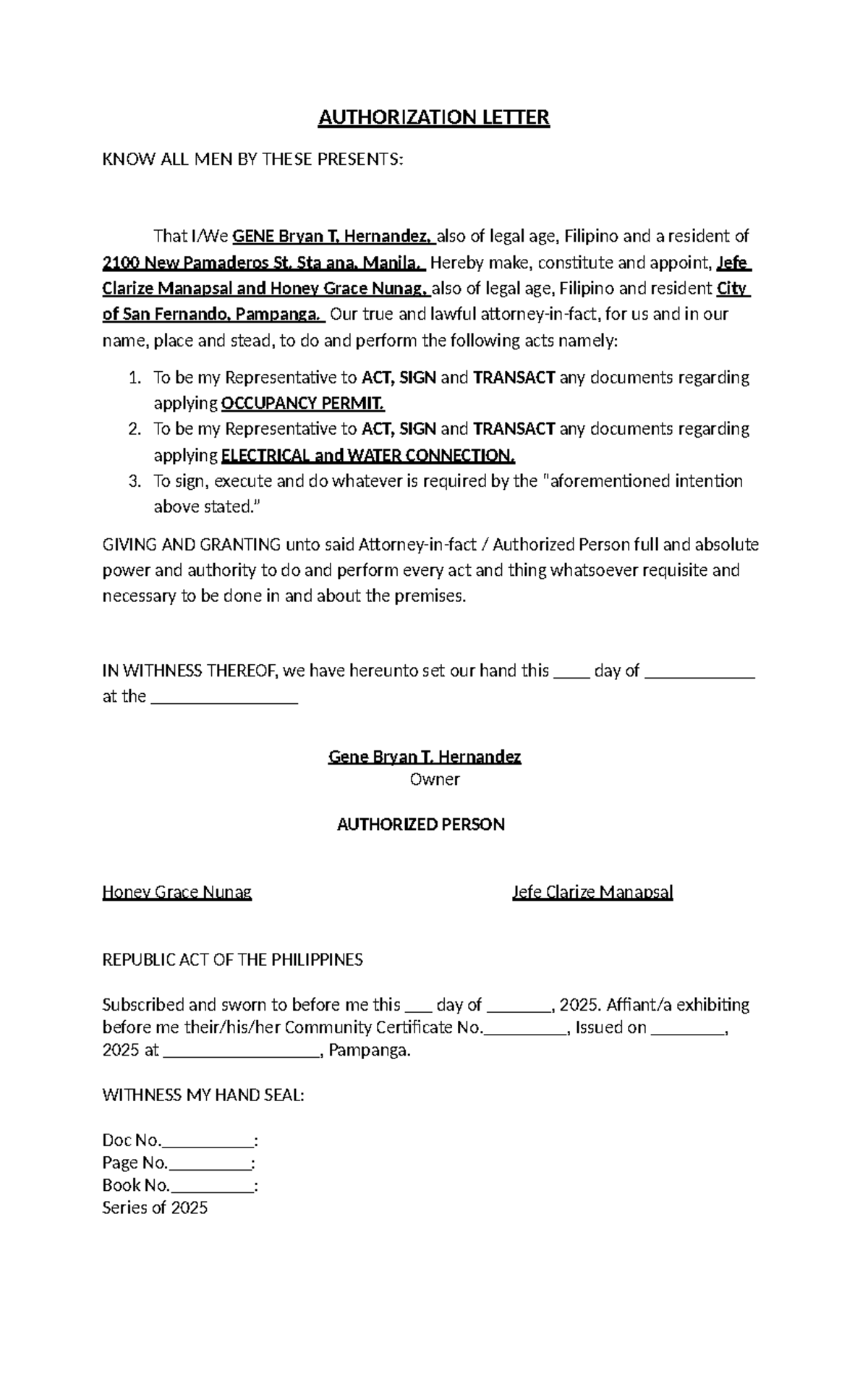 Authorization Letter for Occupancy Permit and Utilities - DCACDC - Studocu