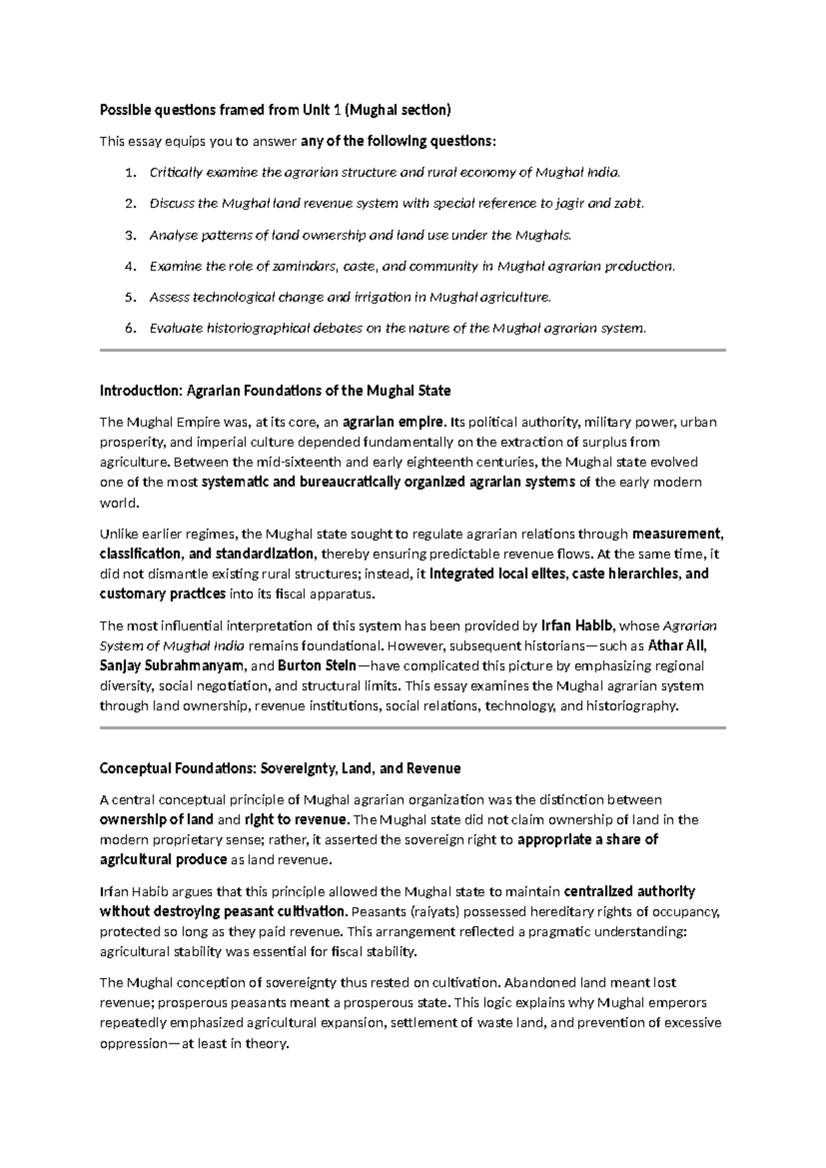 Dsc 5 Test - Comprehensive Exam Notes on Mughal Agrarian Systems - Studocu
