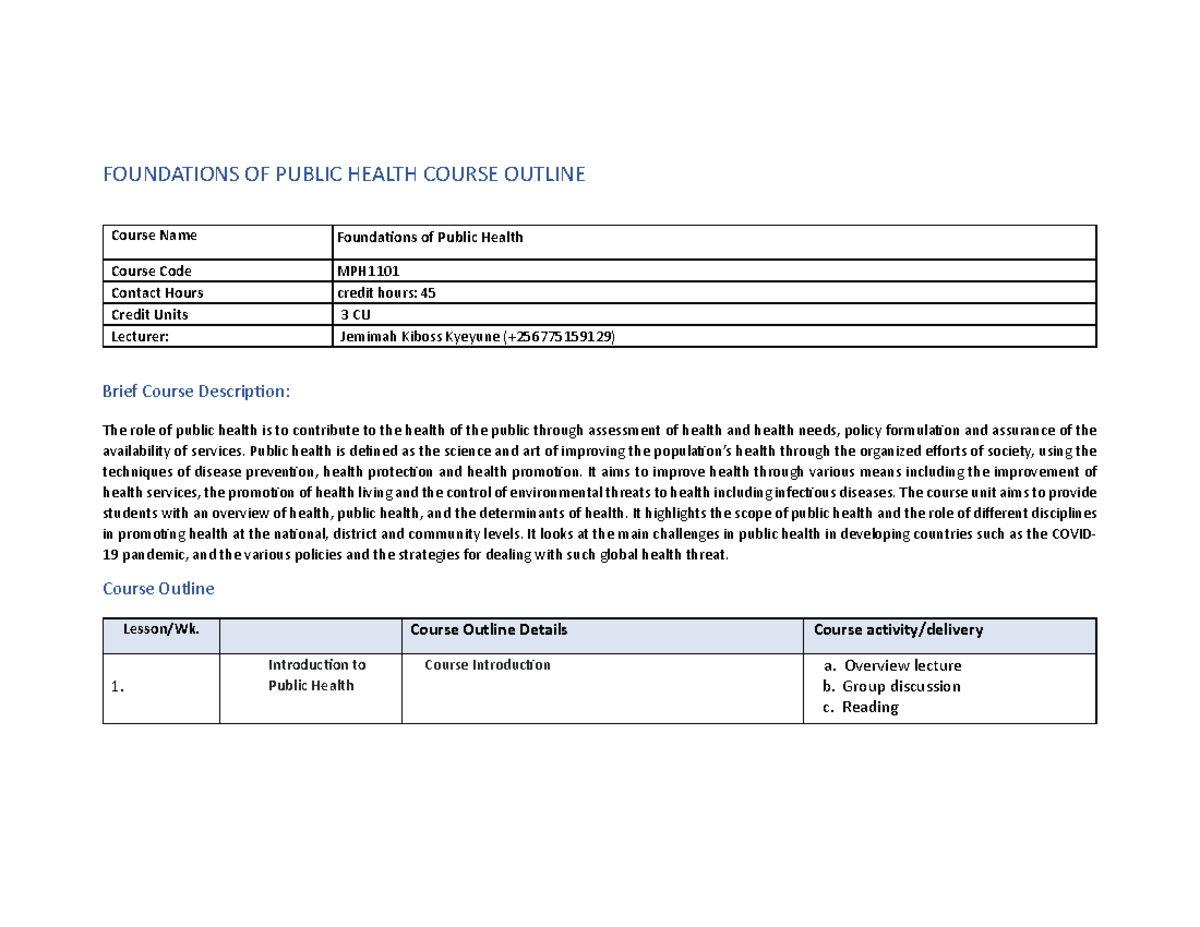 MPH Foundations of Public Health Course Outline and Overview - Studocu